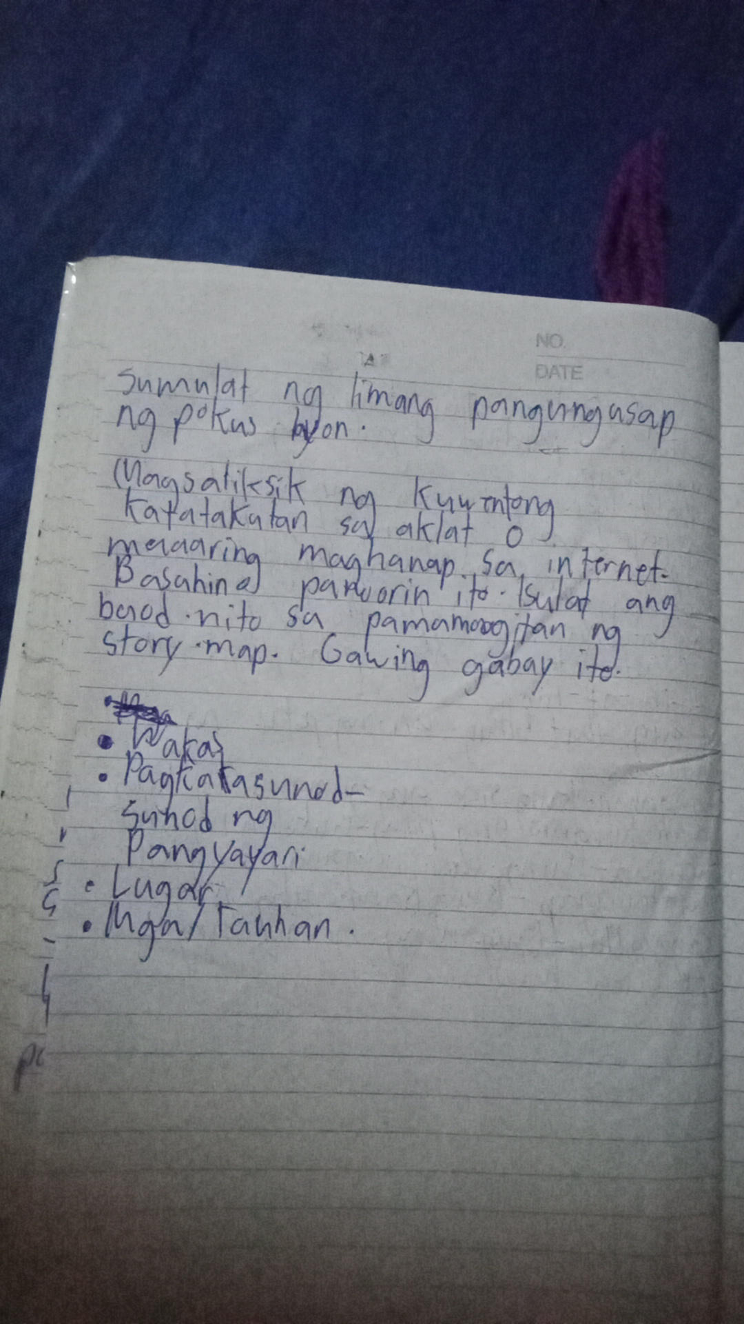 Sumulat ng limang pangungusap ng pokus | StudyX