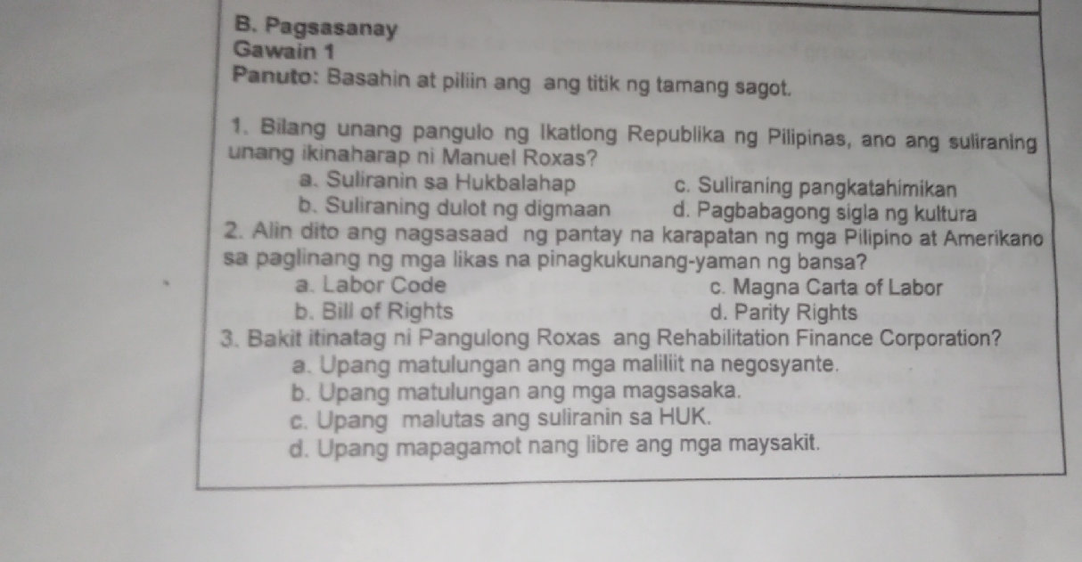 B. Pagsasanay Gawain 1 Panuto: Basahin at | StudyX