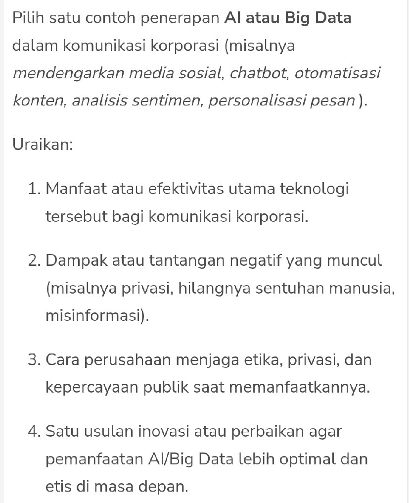 Pilih satu contoh penerapan AI atau Big Data | StudyX