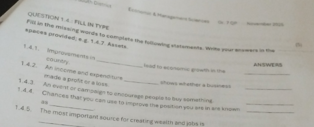 QUESTION 1.4.: FILL IN TYPE Fill in the | StudyX
