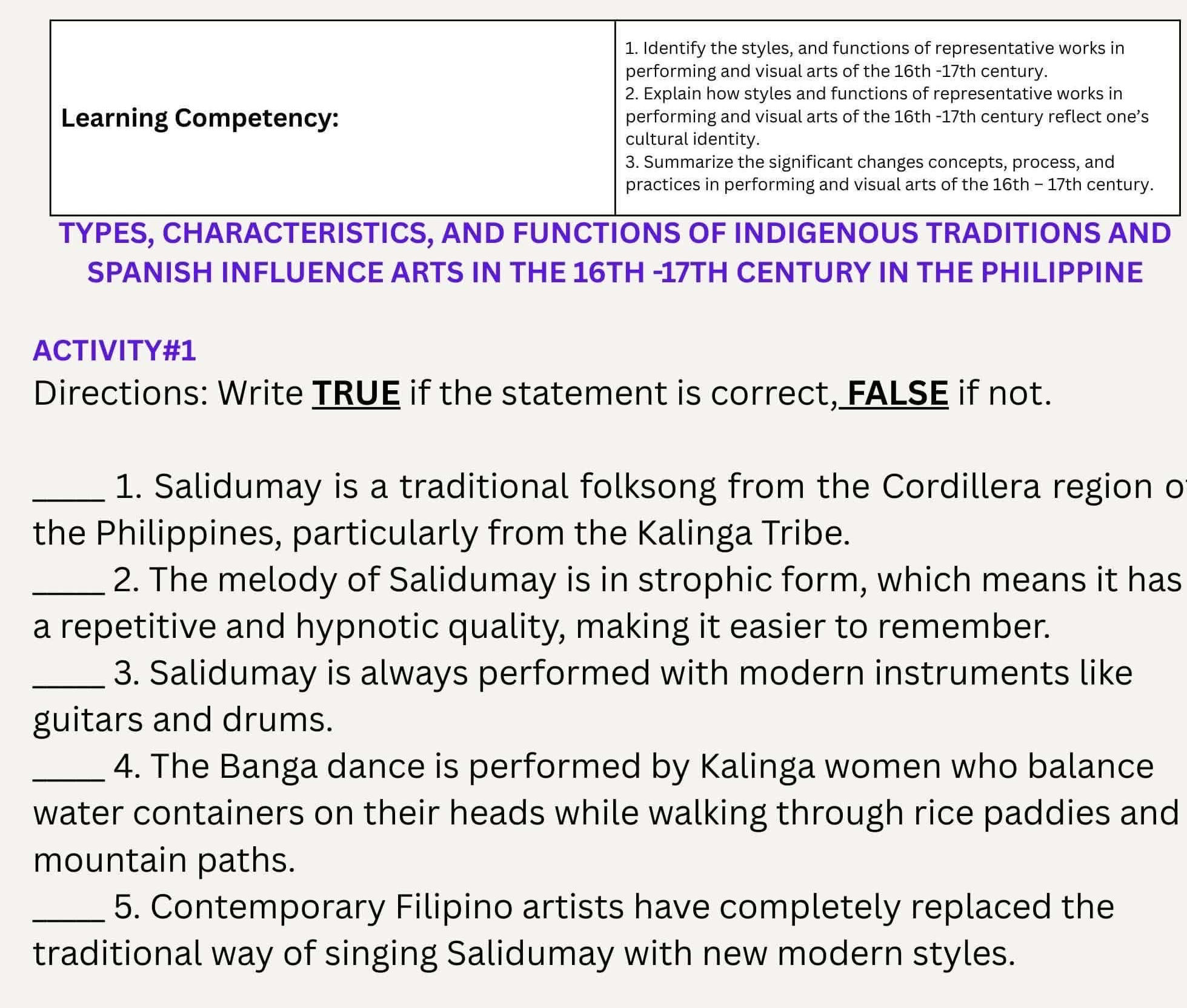 Learning Competency: 1. Identify the styles, | StudyX