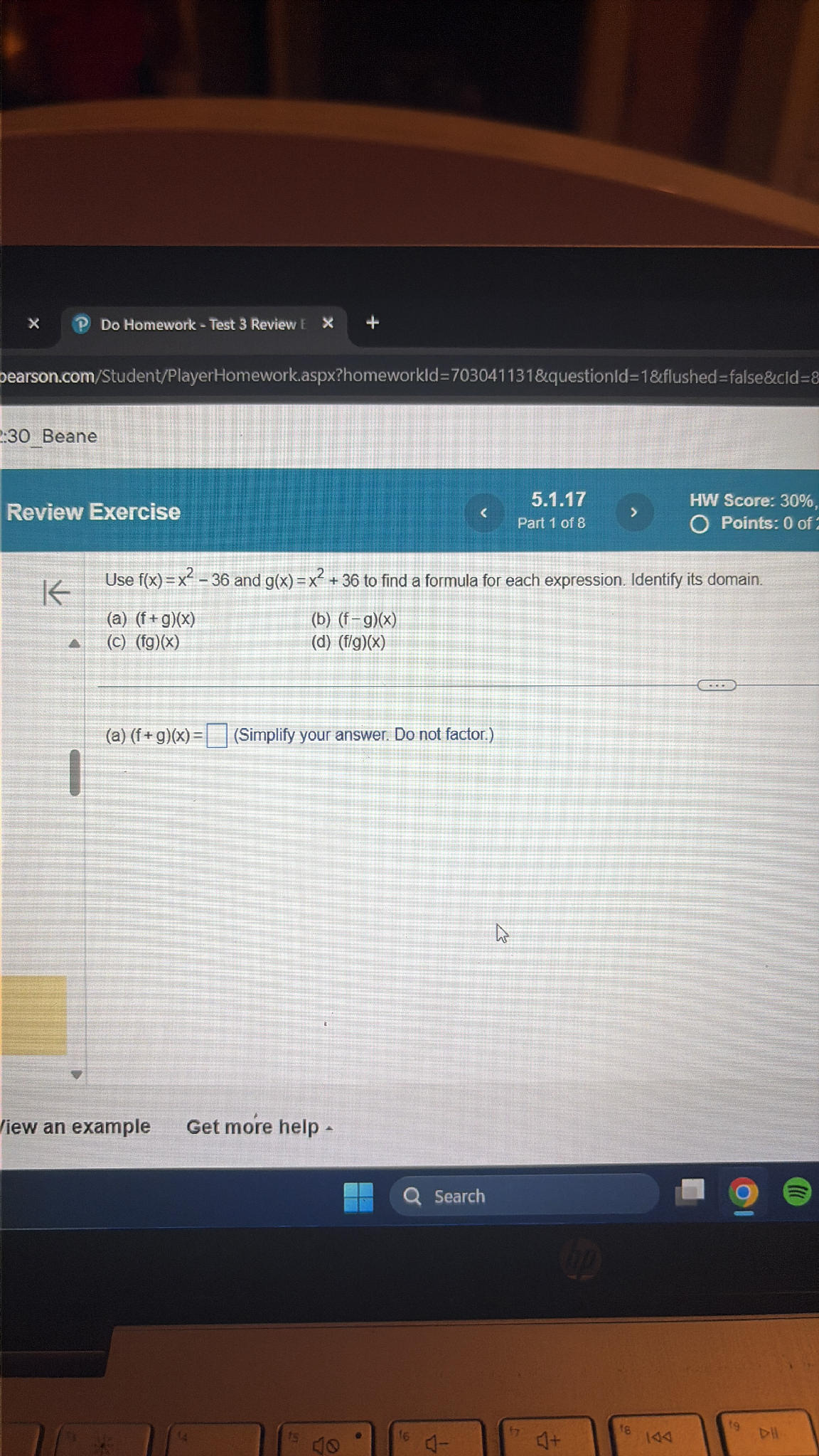 Use $f(x) = x^2 - 36$ and $g(x) = x^2 + 36$ | StudyX