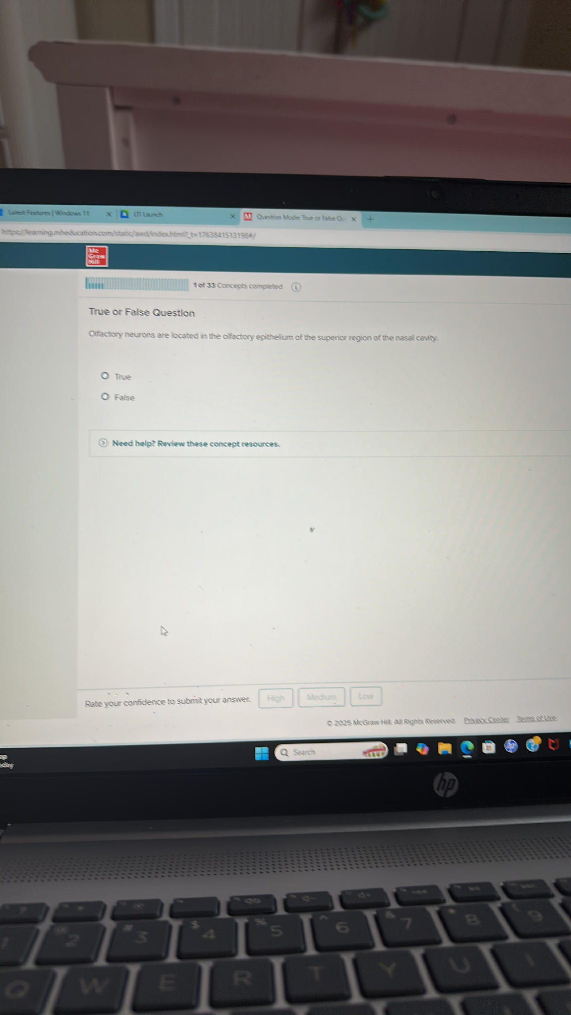 True or False Question Olfactory neurons | StudyX