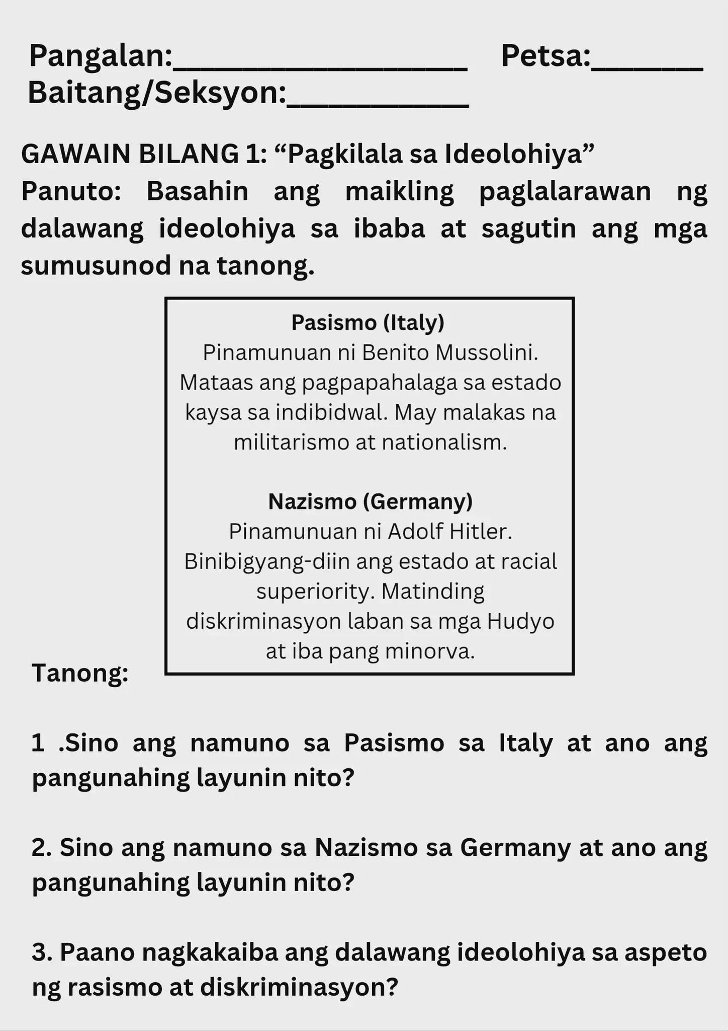 GAWAIN BILANG 1: “Pagkilala sa Ideolohiya” | StudyX