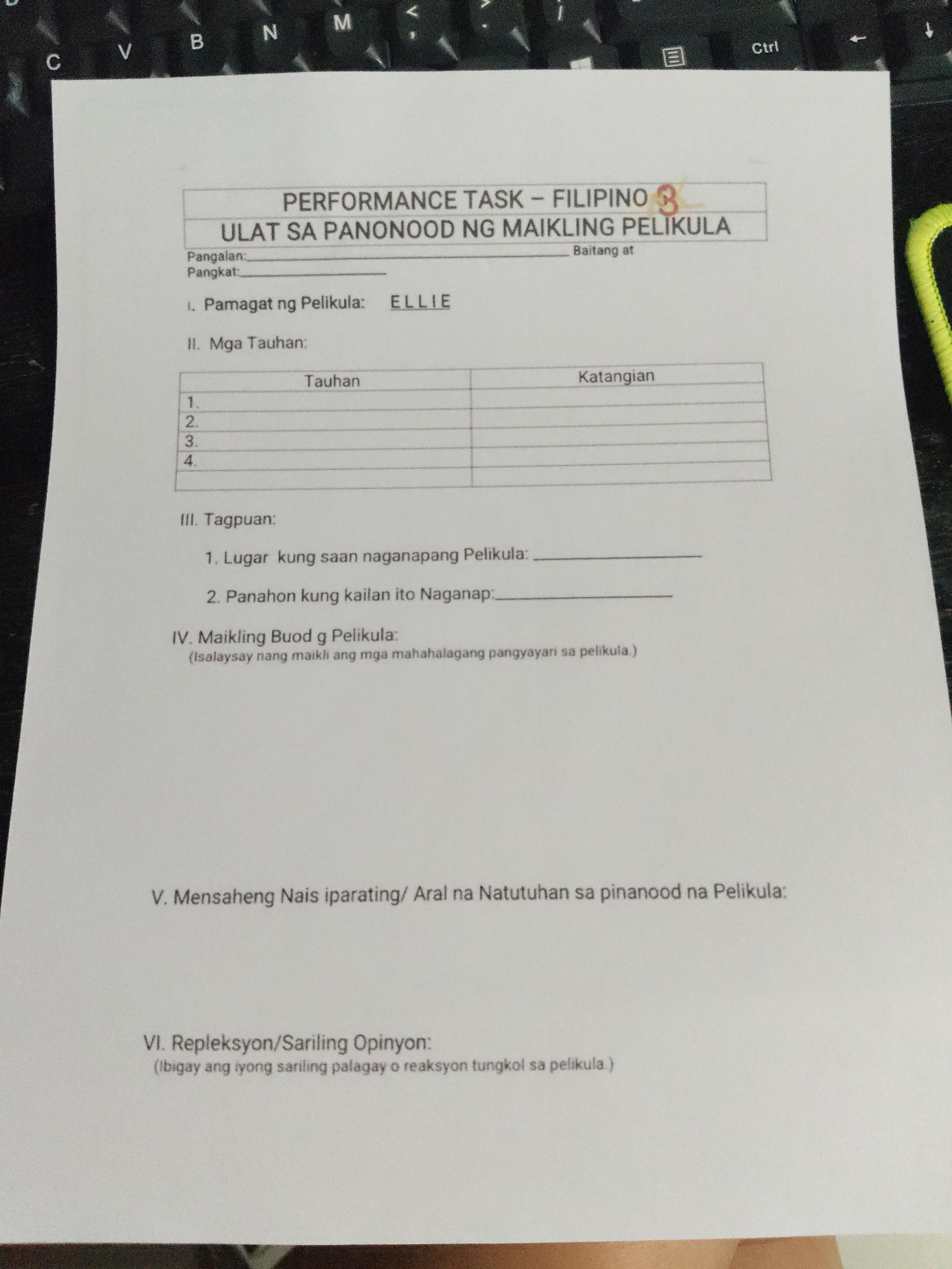 PERFORMANCE TASK - FILIPINO ULAT SA PANONOOD | StudyX