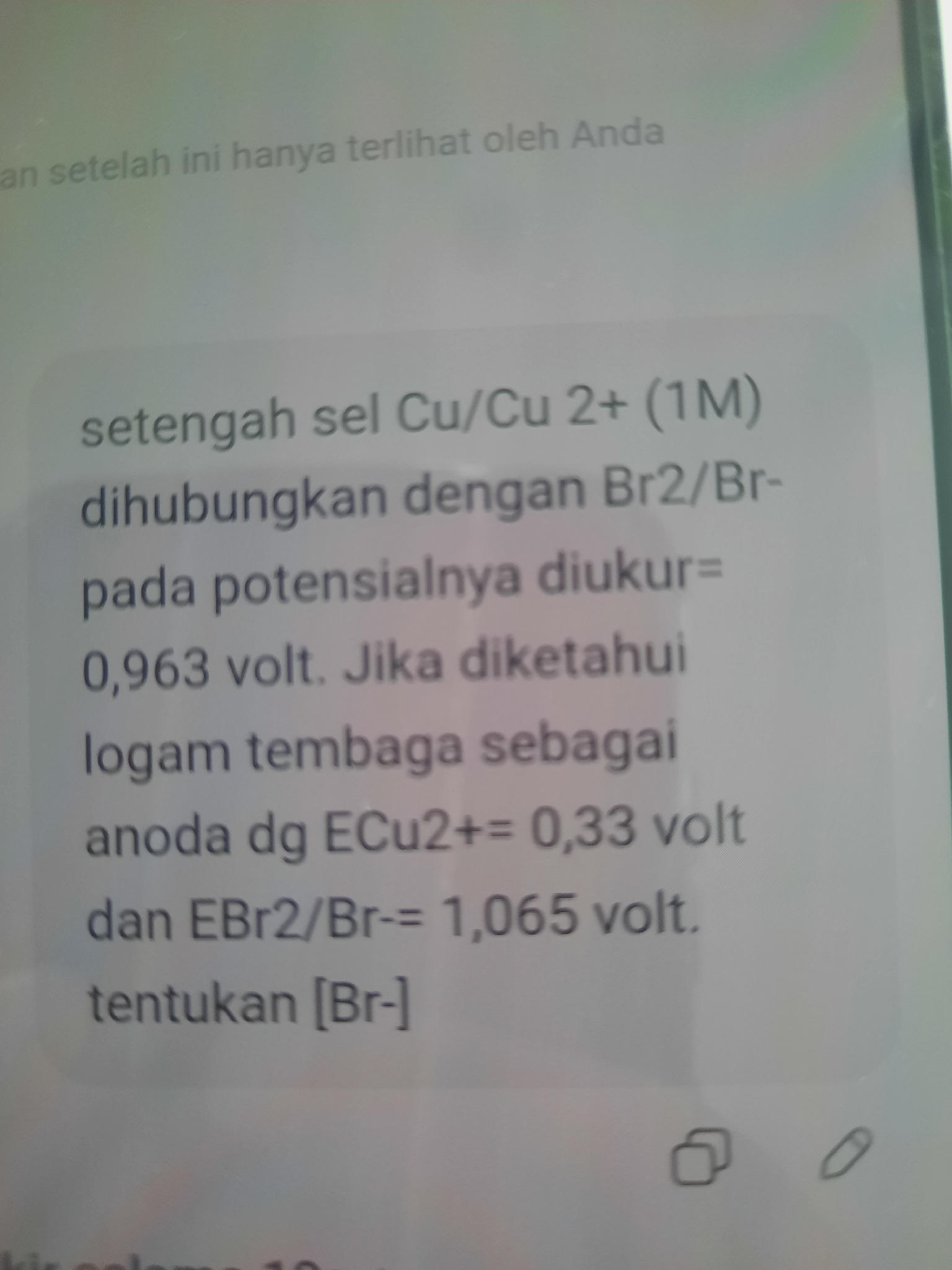 Setengah sel $ {Cu/Cu}^{2+} (1M)$ | StudyX