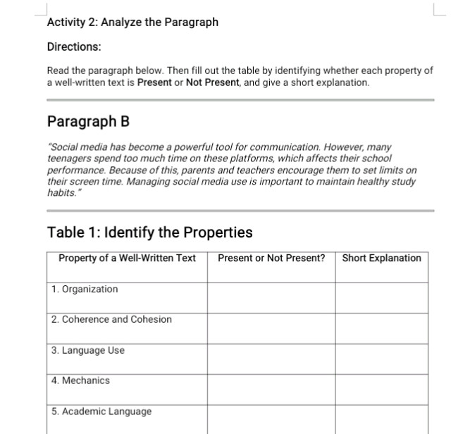 Activity 2: Analyze the Paragraph | StudyX
