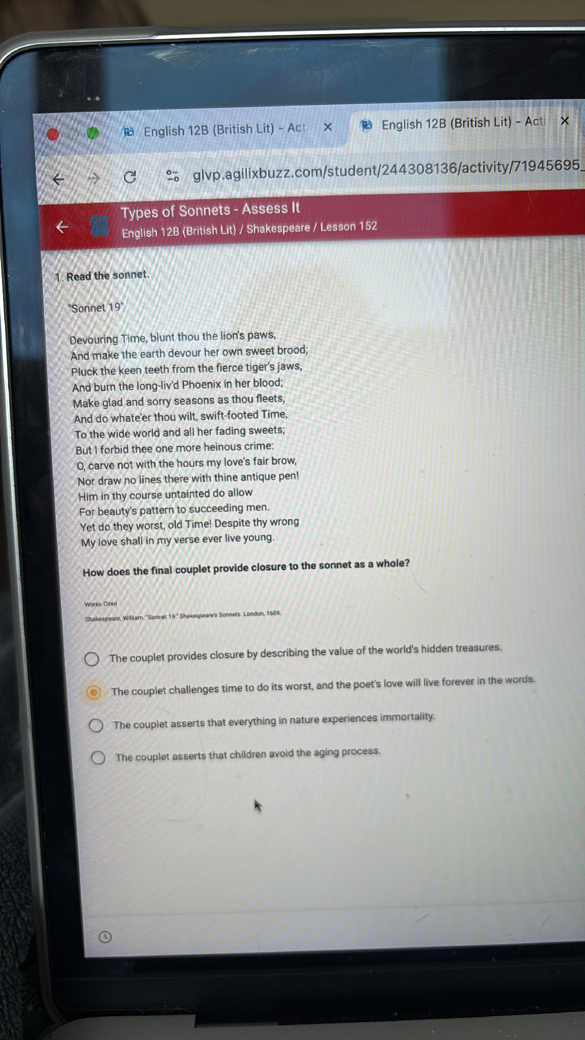 Read the sonnet. "Sonnet 19" Devouring | StudyX