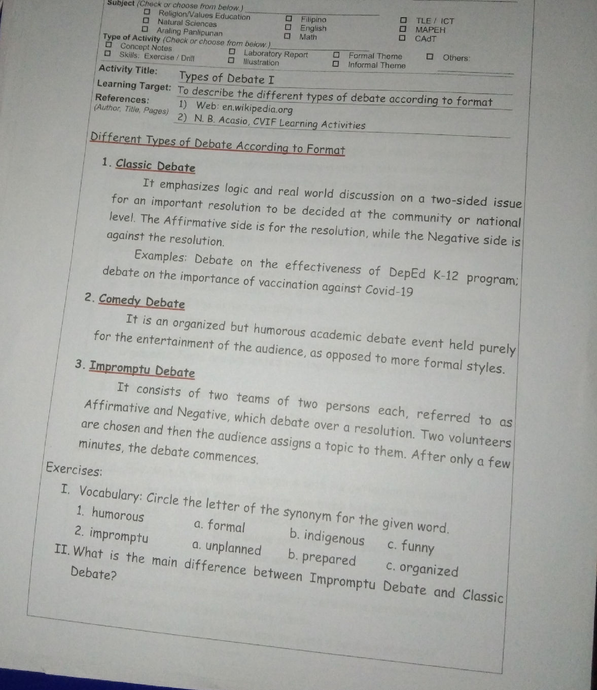 Activity Title: Types of Debate I Learning | StudyX