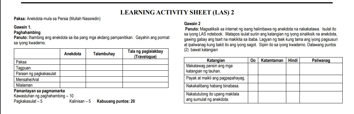 LEARNING ACTIVITY SHEET (LAS) 2 Paksa: | StudyX