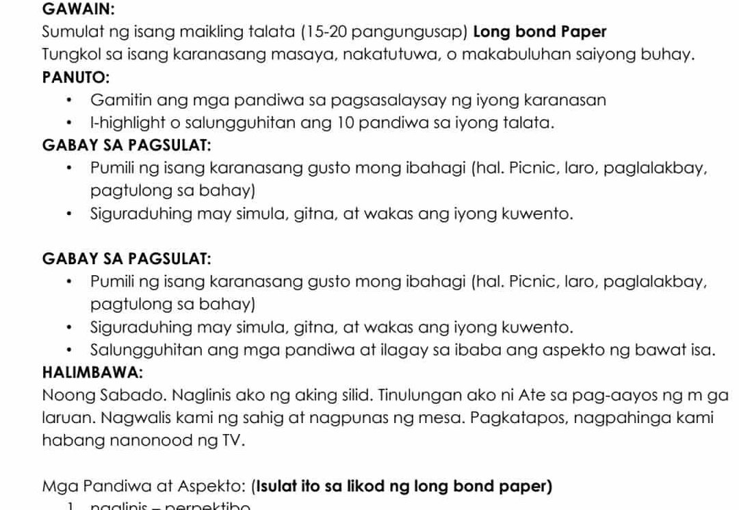 GAWAIN: Sumulat ng isang maikling talata | StudyX