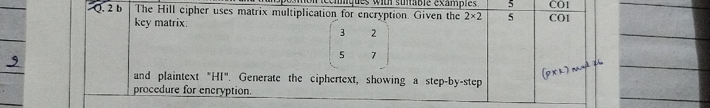 Q.2 b The Hill cipher uses matrix | StudyX