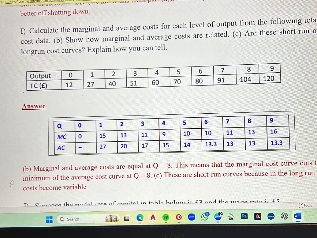 I) Calculate the marginal and average costs | StudyX