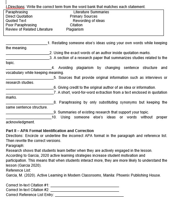 Part II - APA Format Identification and | StudyX