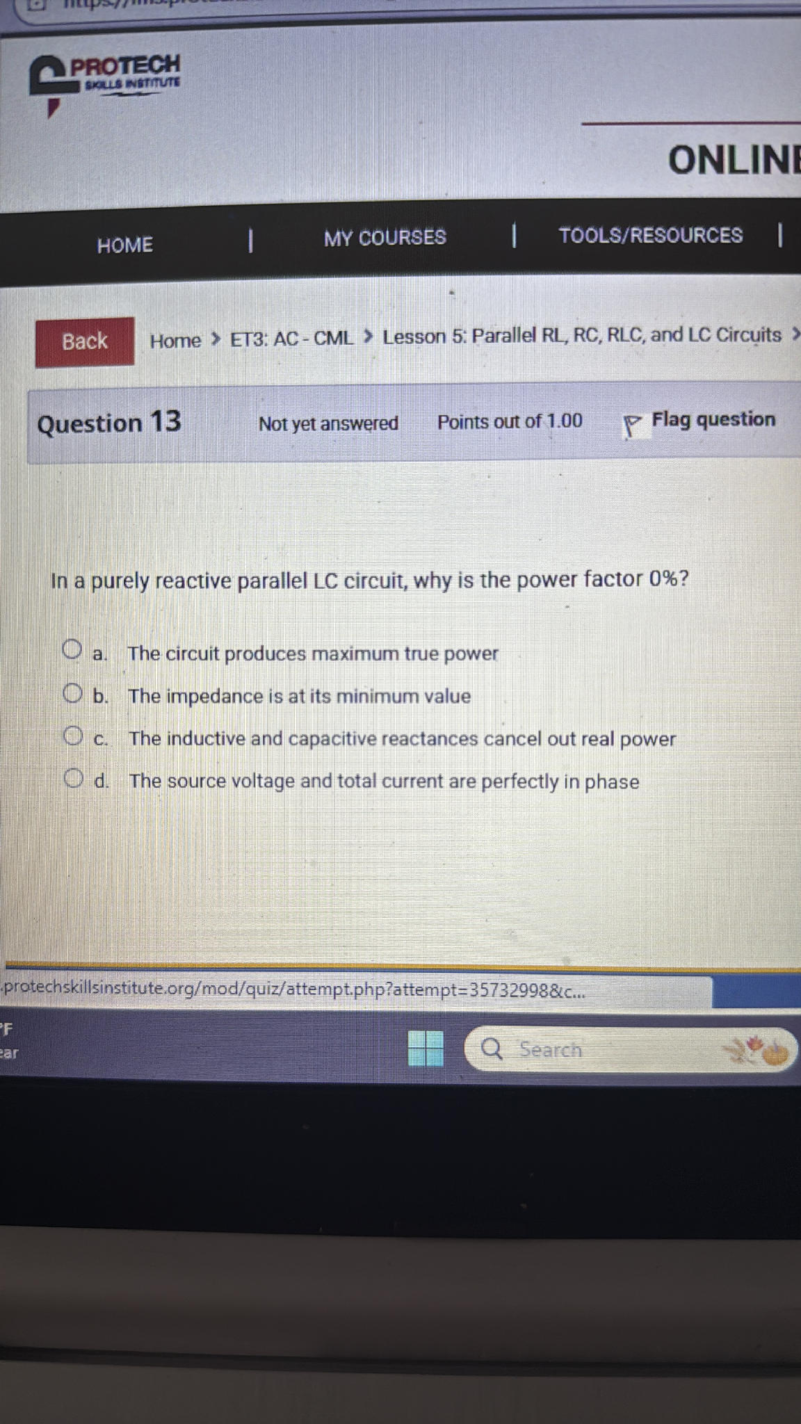 In a purely reactive parallel LC circuit, | StudyX