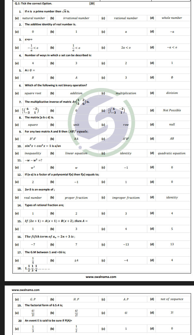 Q.1: Tick the correct Option. [20] 1. If | StudyX