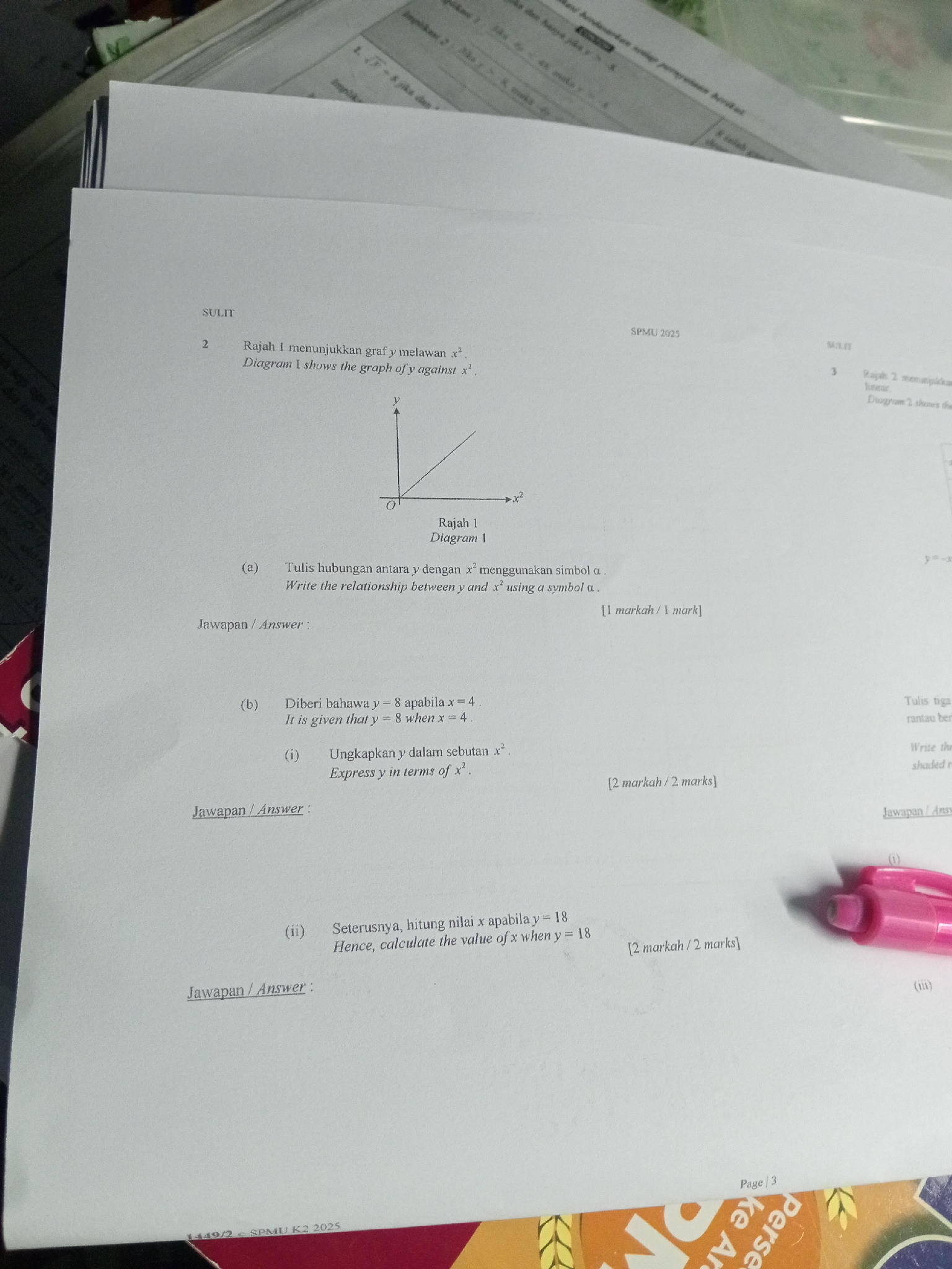Rajah 1 menunjukkan graf y melawan x² | StudyX