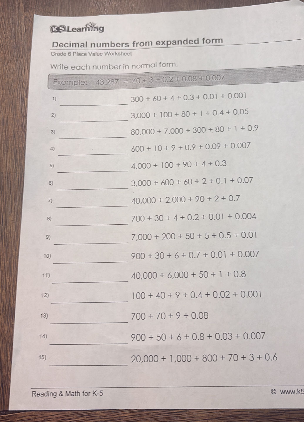 Decimal numbers from expanded form Grade 6 | StudyX