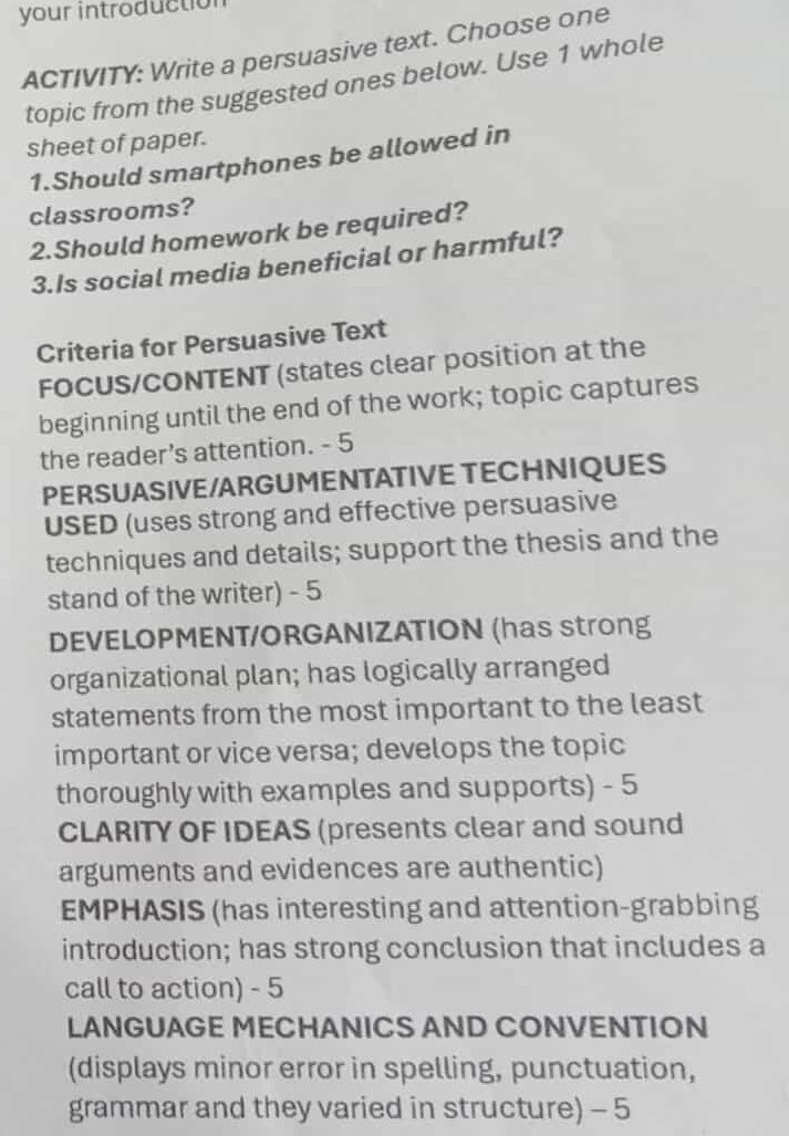 ACTIVITY: Write a persuasive text. Choose | StudyX