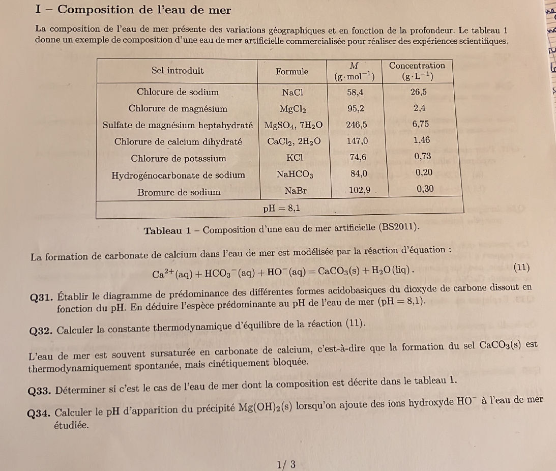 I - Composition de l'eau de mer La | StudyX