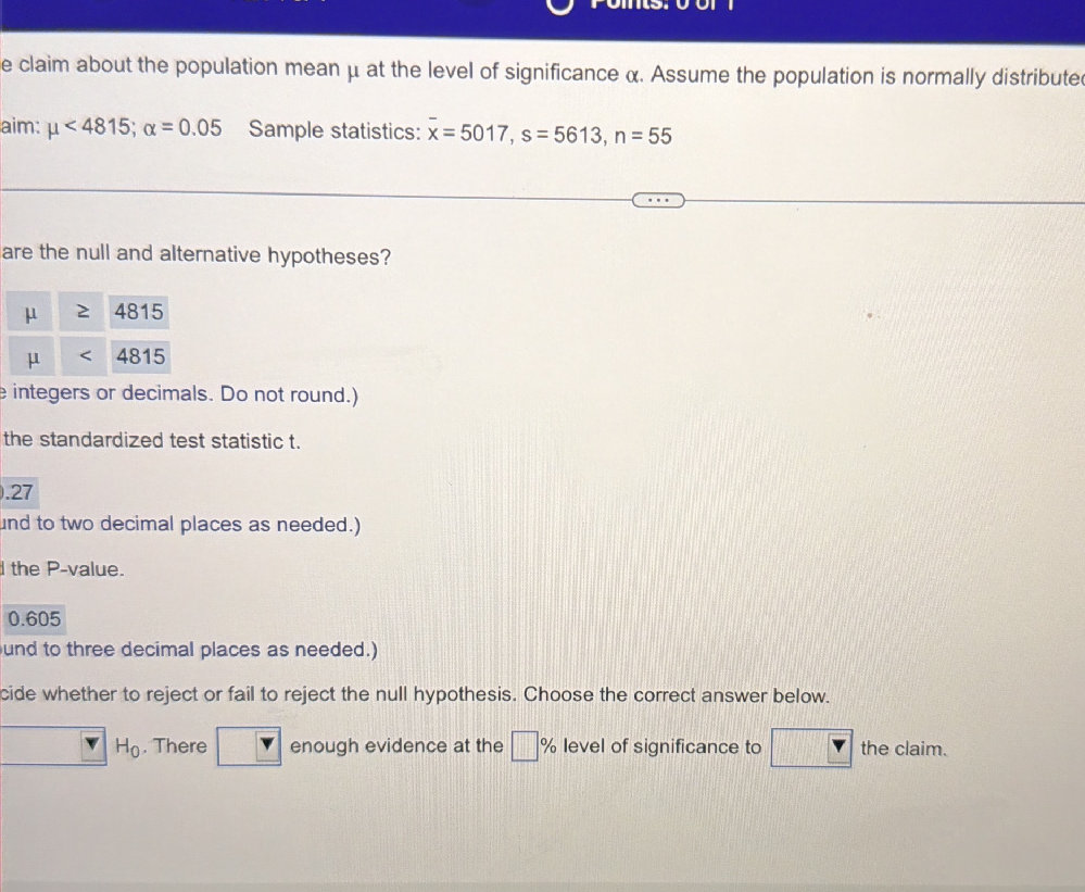 e claim about the population mean $ $ at the | StudyX