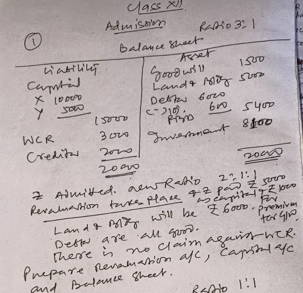 Class XII Admission Ratio 3:1 Balance Sheet | StudyX