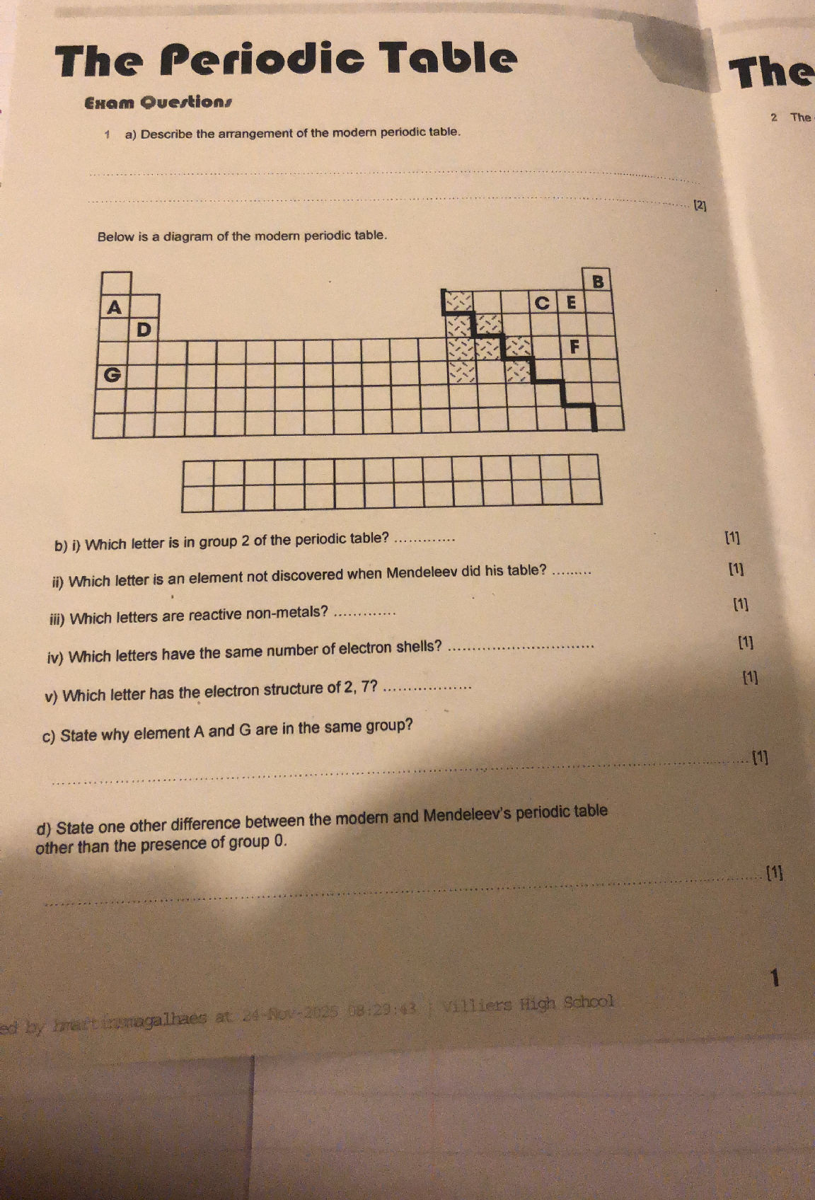 The Periodic Table Exam Questions 1 a) | StudyX