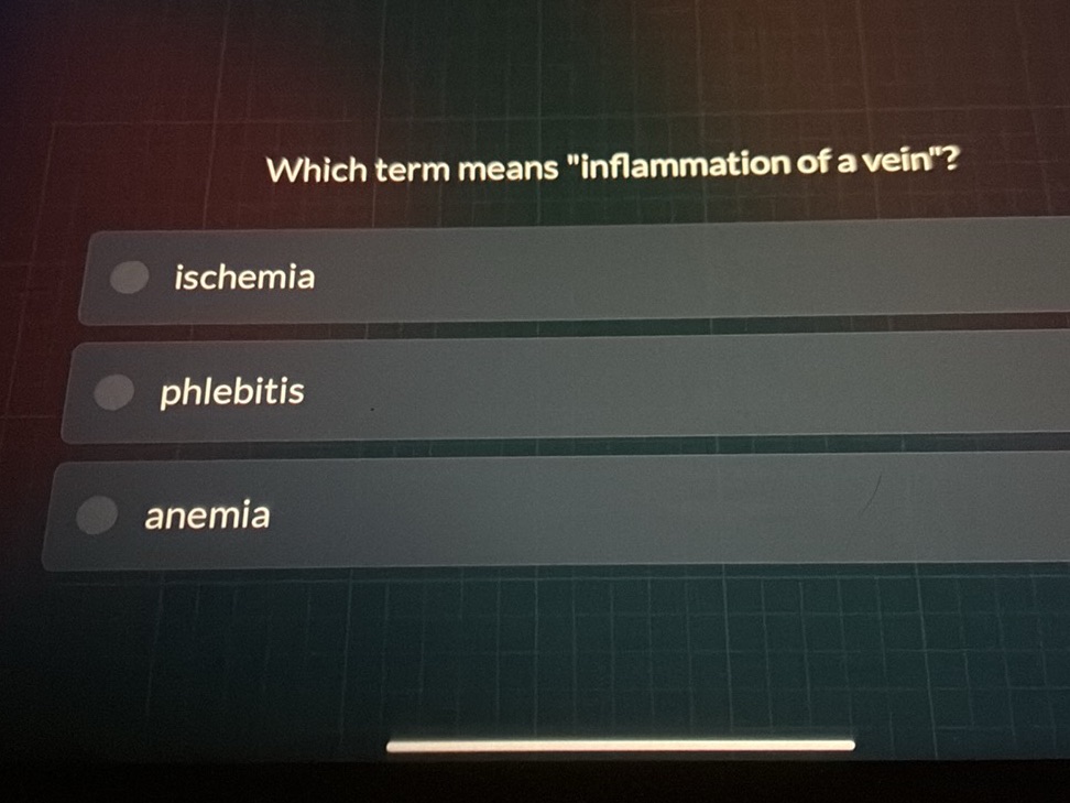 Which term means "inflammation of a vein"? | StudyX