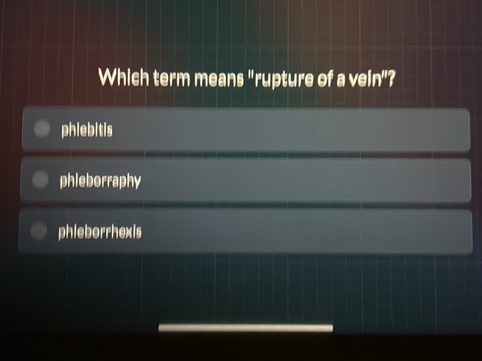 Which term means "rupture of a vein"? | StudyX