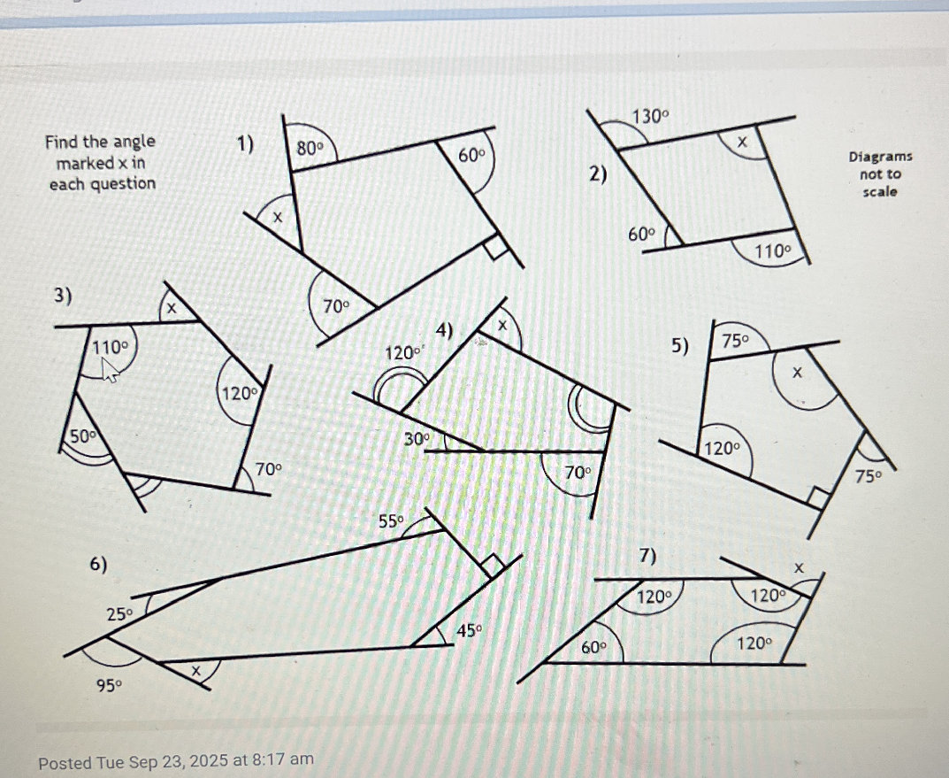 Find the angle marked x in each question 1) | StudyX