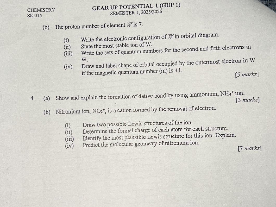 (b) The proton number of element *W* is 7. | StudyX