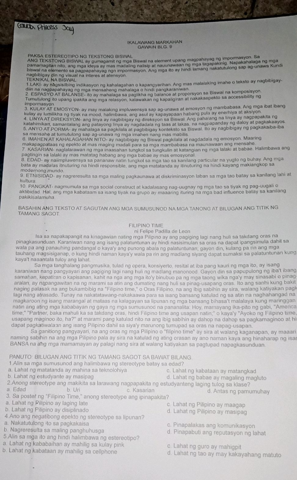 PANUTO: BILUGAN ANG TITIK NG TAMANG SAGOT SA | StudyX
