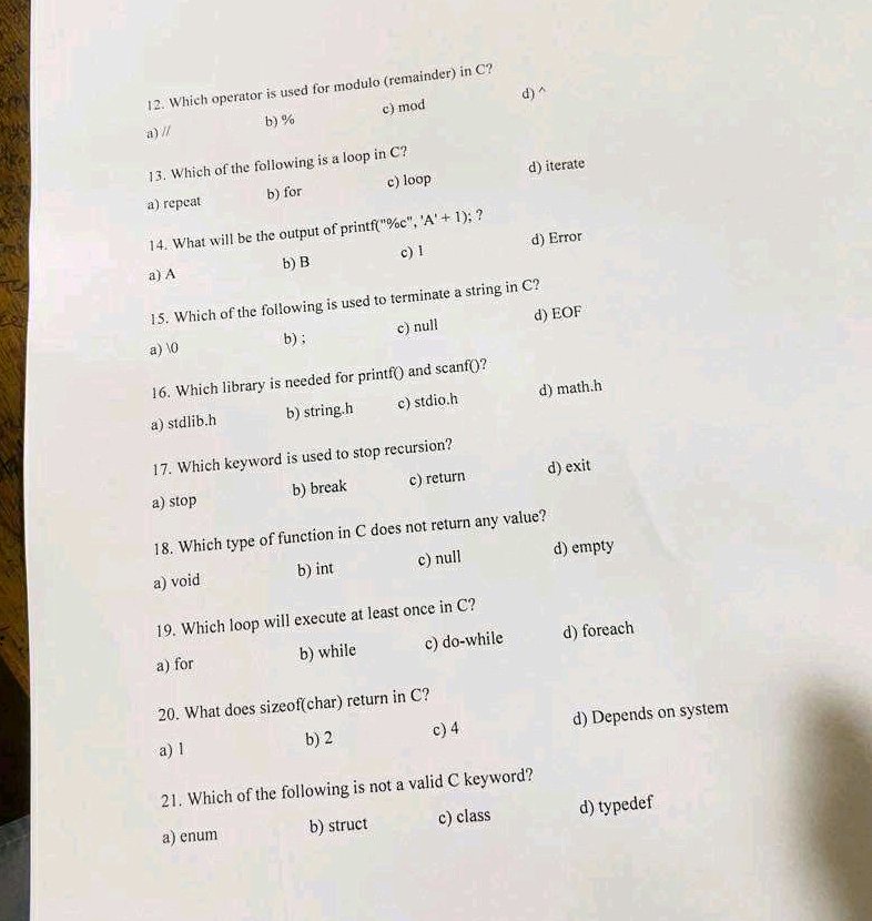 12. Which operator is used for modulo | StudyX