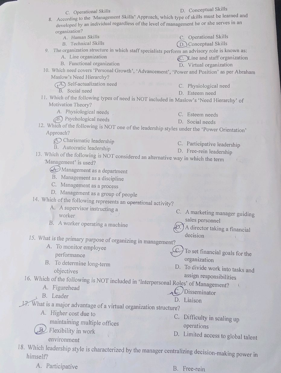 8. According to the 'Management Skills' | StudyX