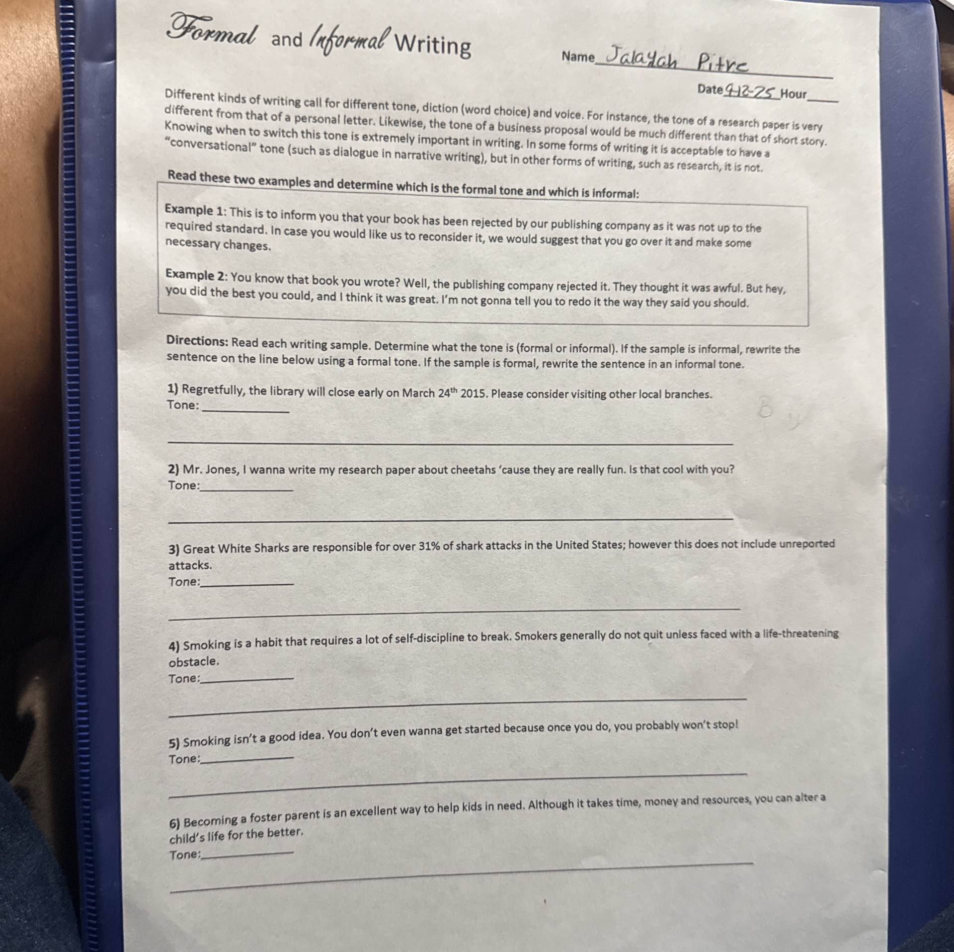 Directions: Read each writing sample. | StudyX