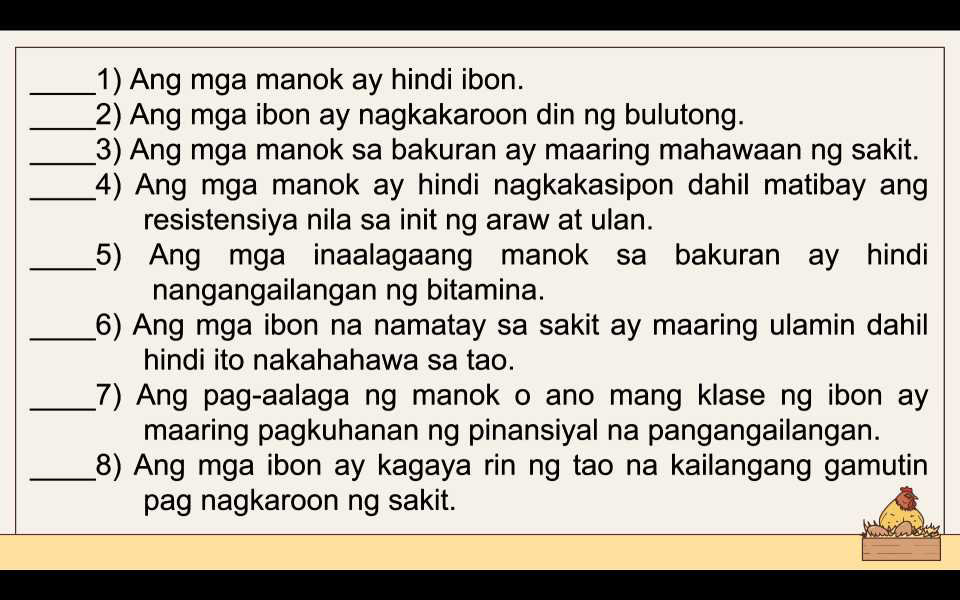 1) Ang mga manok ay hindi ibon. 2) Ang mga | StudyX
