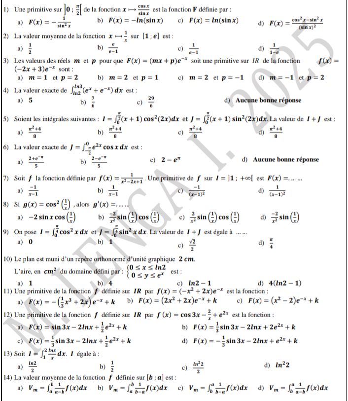 1) Une primitive sur ]0; $ { }{2}[$ de la | StudyX