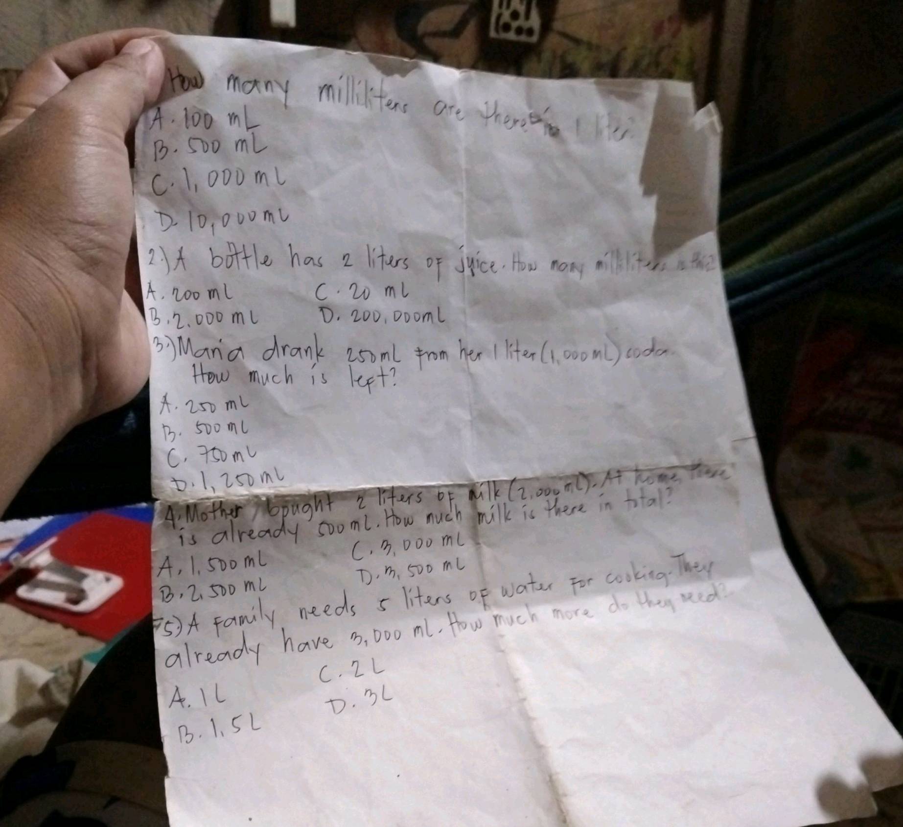 How many milliliters are there in 1 liter? | StudyX