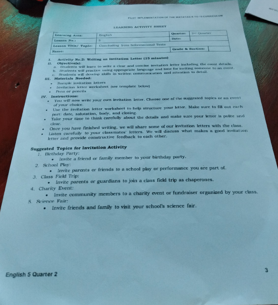 Activity No.2: Writing an Invitation Letter | StudyX