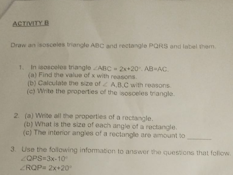 Draw an isosceles triangle ABC and rectangle | StudyX