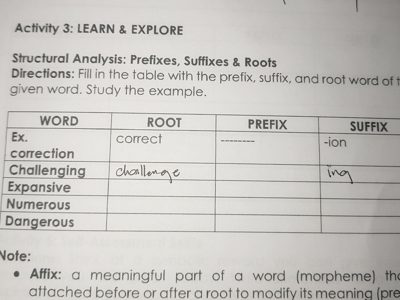 Fill in the table with the prefix, suffix, | StudyX