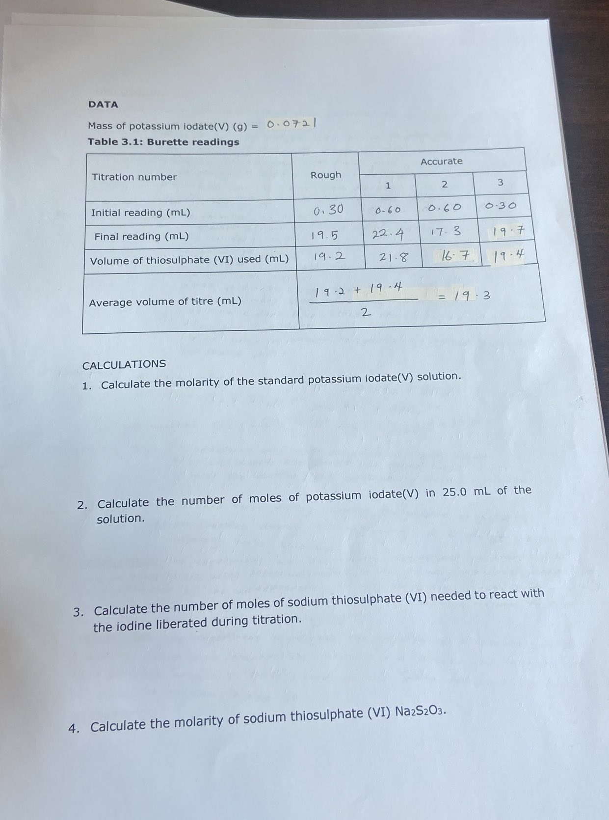 DATA Mass of potassium iodate(V) (g) = | StudyX