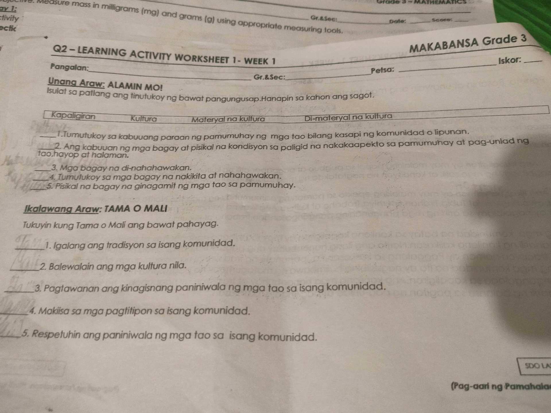 Unang Araw: ALAMIN MO! Isulat sa patlang ang | StudyX