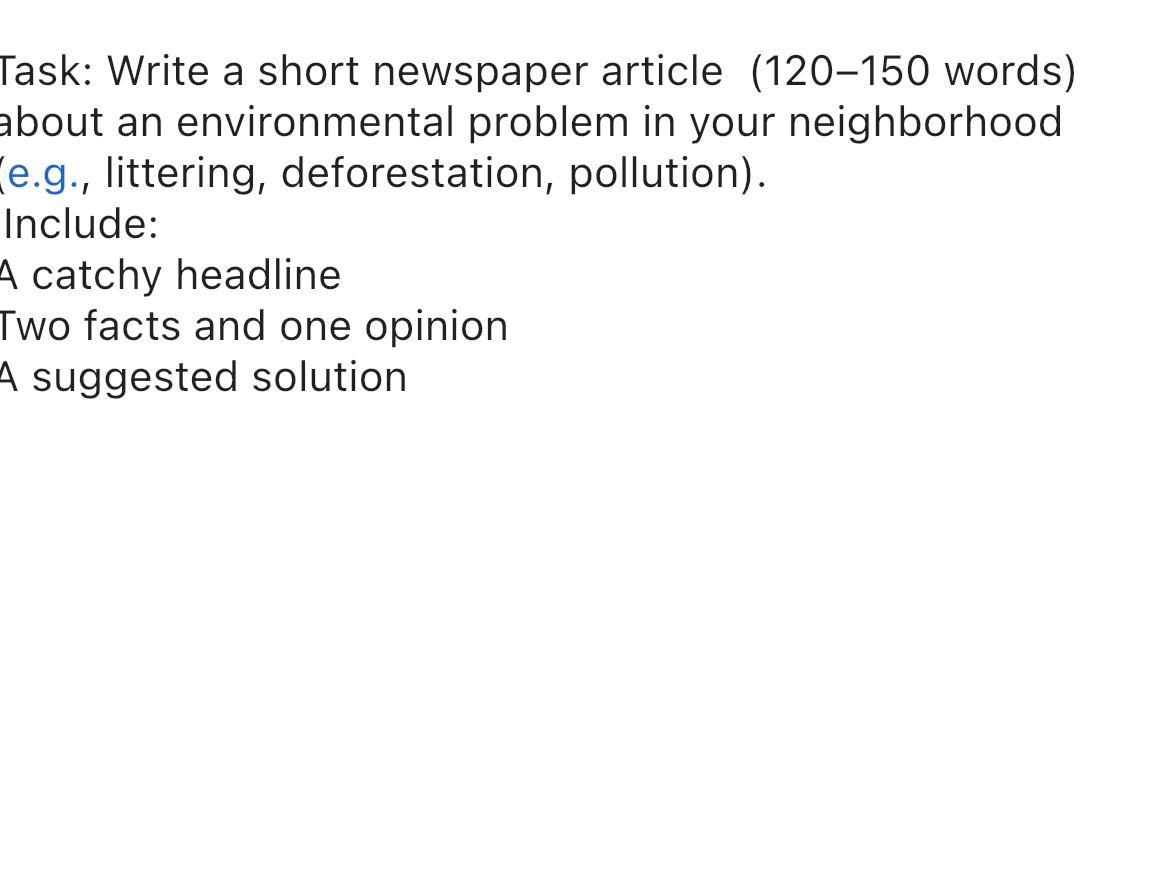 Task: Write a short newspaper article | StudyX
