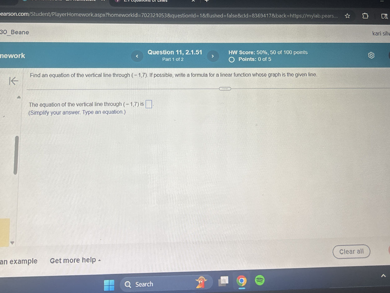 Find an equation of the vertical line | StudyX