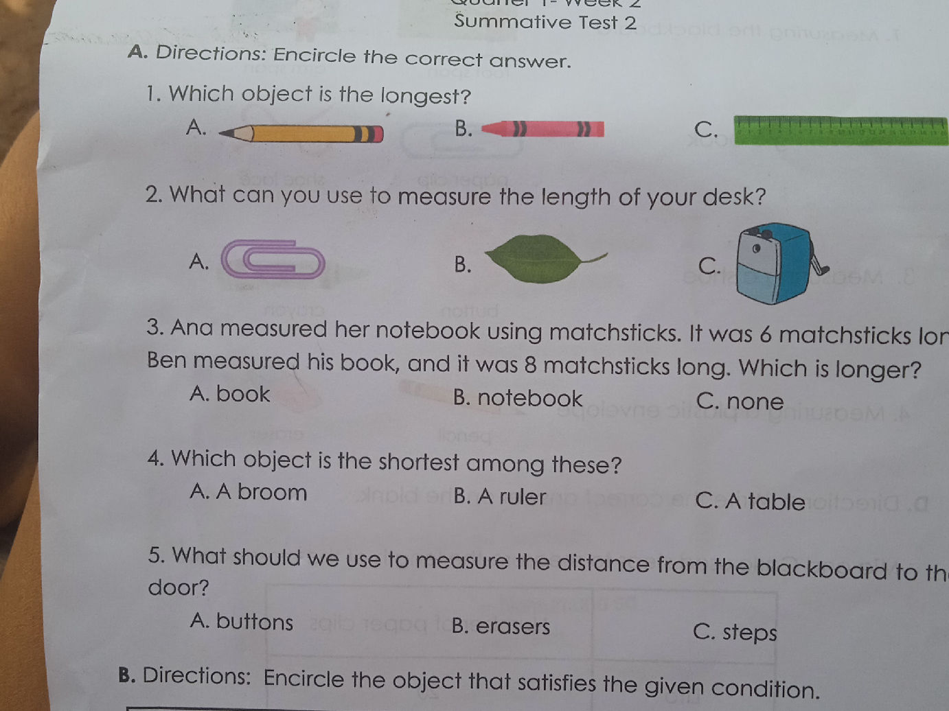 1. Which object is the longest? A. B. C. | StudyX