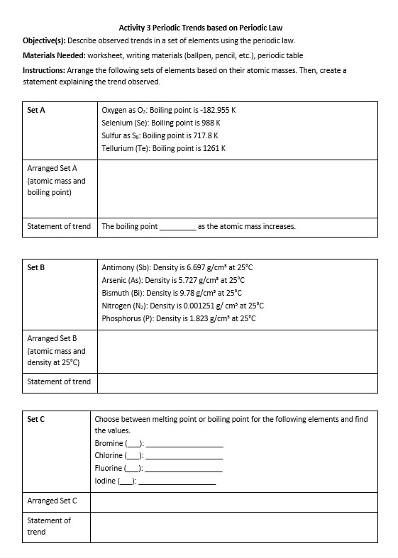 Activity 3 Periodic Trends based on Periodic | StudyX