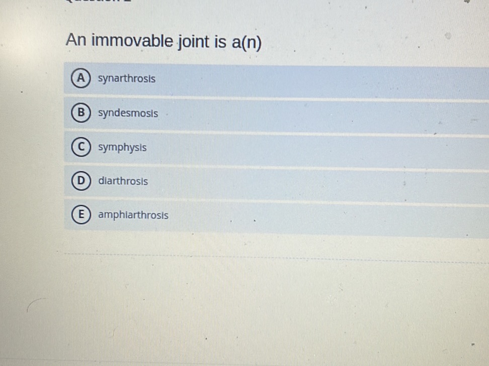 An immovable joint is a(n) A synarthrosis | StudyX