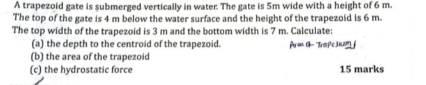A trapezoid gate is submerged vertically in | StudyX