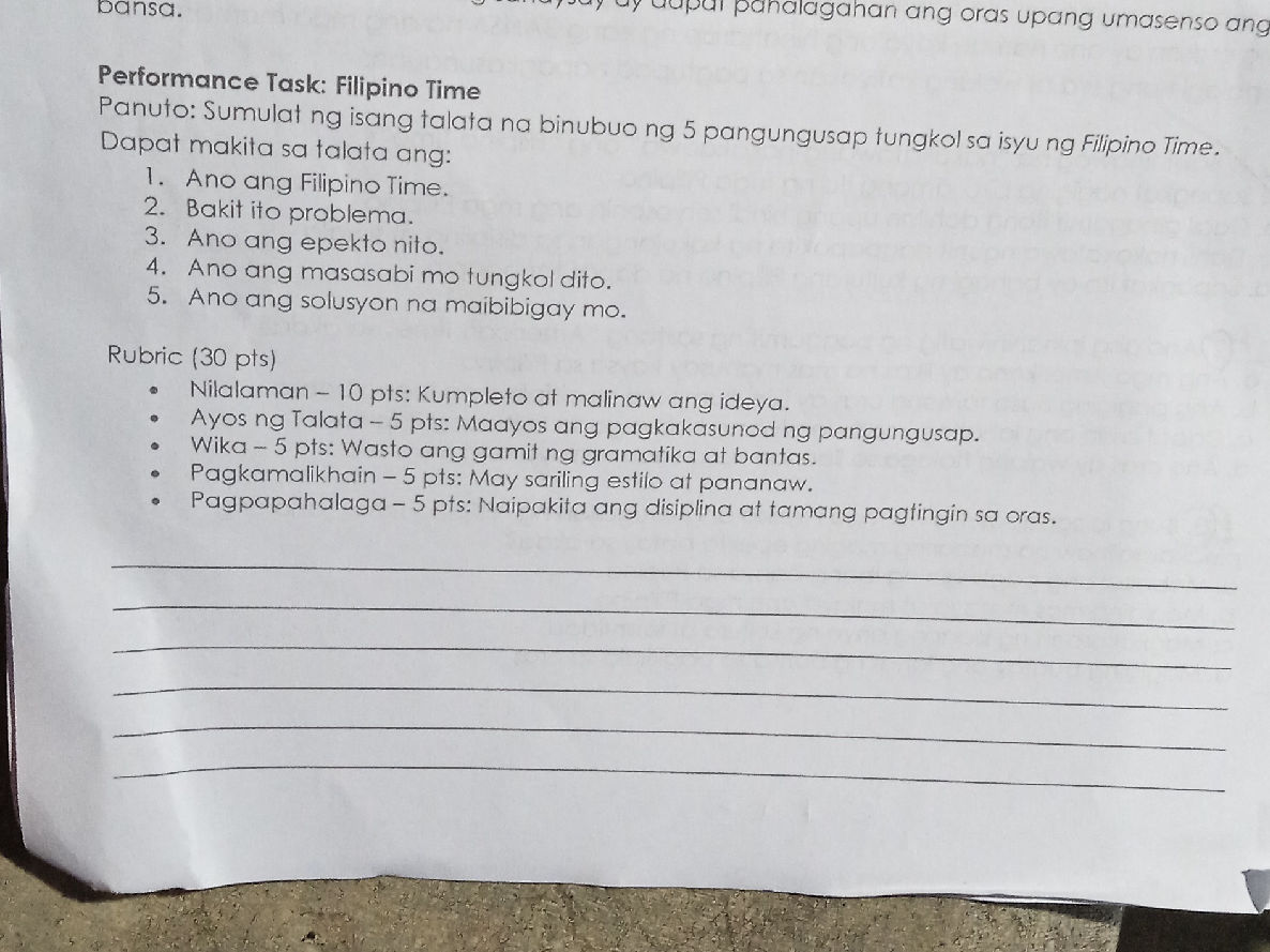 Performance Task: Filipino Time Panuto: | StudyX